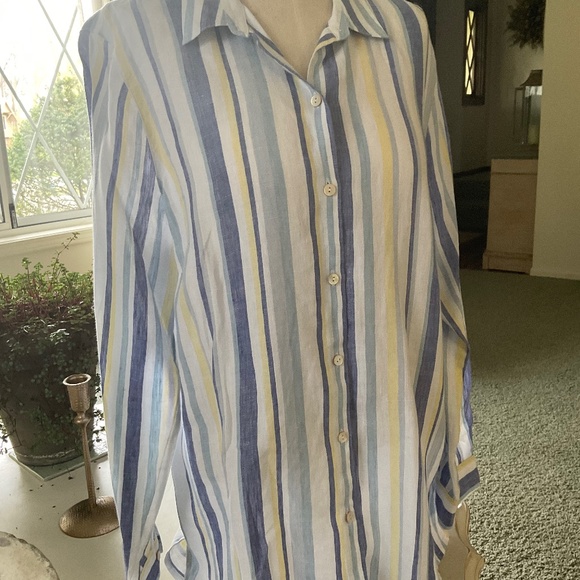 J. Jill | Tops | J Jill Blue Yellow And White Stripped Linen Blouse ...